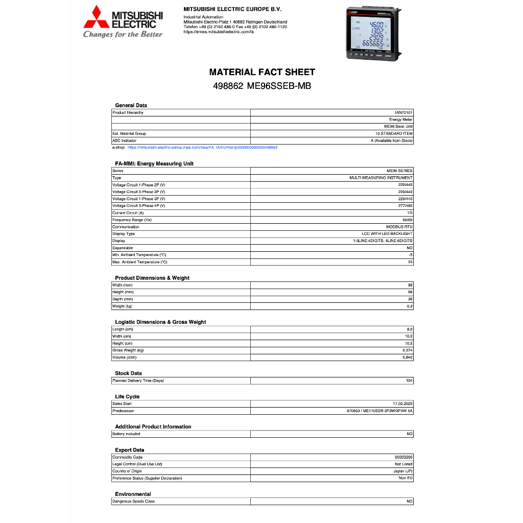Mitsubishi พาวเวอร์มิเตอร์ ME96SSEB-MB 220V-440V (Economy class), Power ...