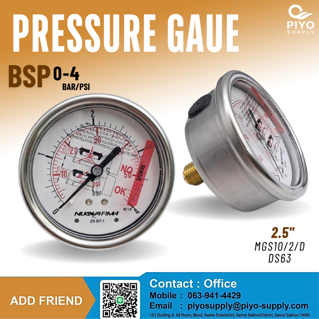 MGS10/2D DS63 0-4 BAR/PSI BSPM เกจวัดเเรงดัน เกลียว 1/4" มีน้ำมัน/ไม่มี ...