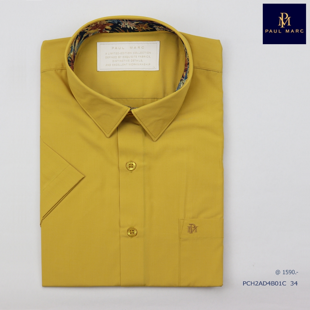PAUL MARC เสื้อเชิ้ตแขนสั้นสีเหลืองมัสตาร์ด slim fit ผ้าใยไผ่ ลดกลิ่น ...