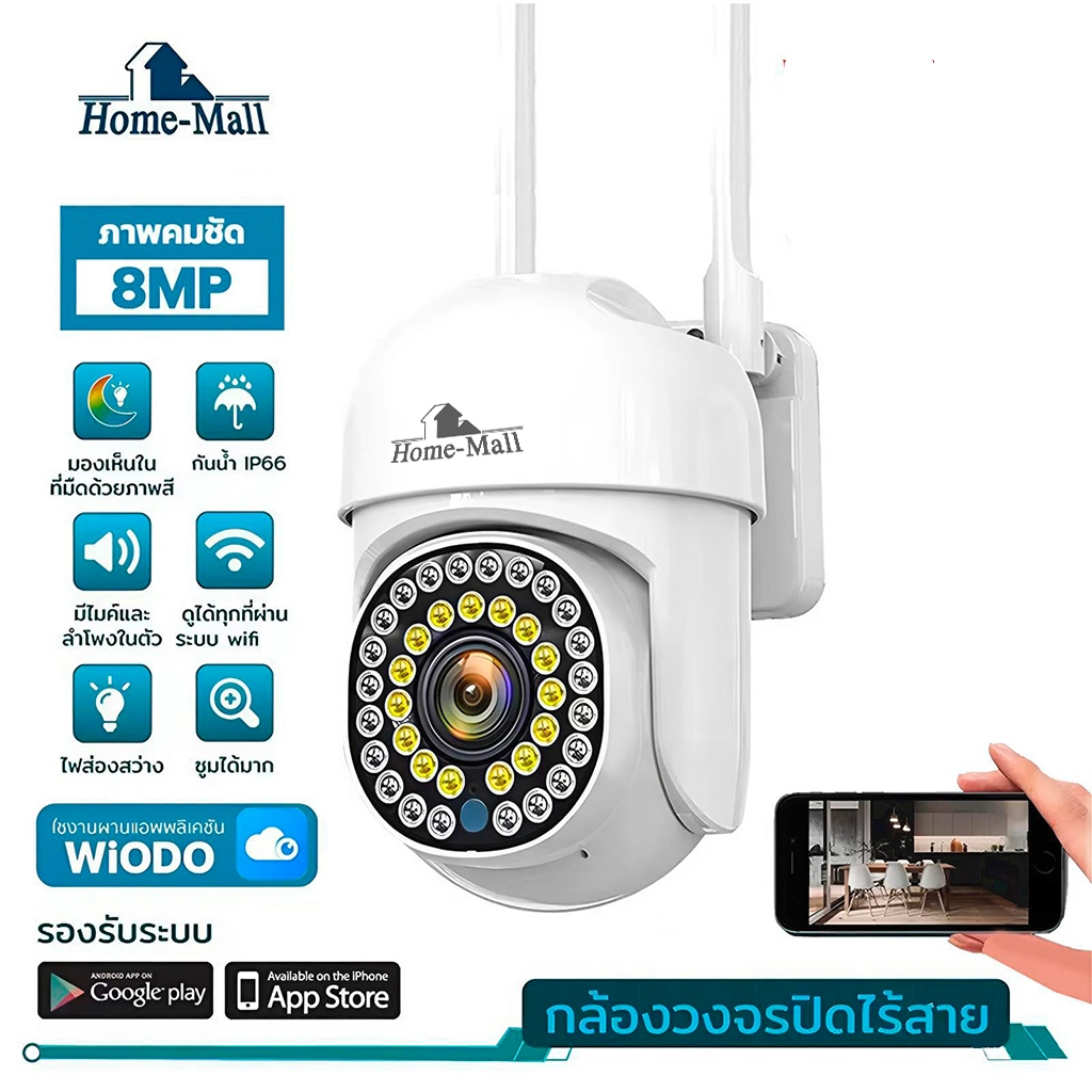 HOME-MALL กล้องวงจรปิดเชื่อมไวไฟ 2.4G รุ่น i8 8MP ภาพคมชัด มีไฟled มอง ...