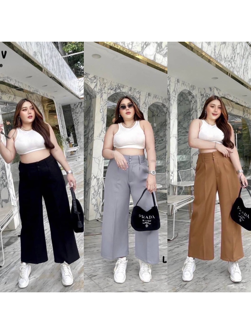 กางเกงขายาวเอวสูง สาวอวบ ขากระบอกตรงแต่งกระดุมปั๊มขอบใหญ่ กระชับเก็บทรง กางเกงทำงาน plussize ...