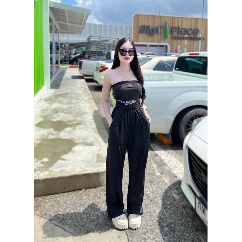 Phapassz - Set2ชิ้น เกาะอกแต่งอะไหล่ยาง กางเกงขายาวเอวสูงปรี๊ดตีเกร็ตหน้า แต่งขอบยางจ้า Nicha ...