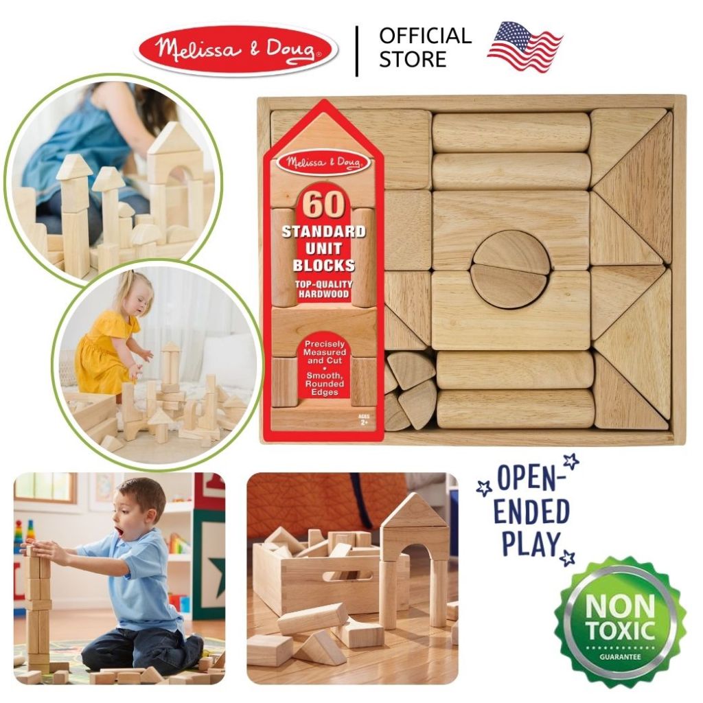 (ของแท้ USA) บล๊อคไม้สีธรรมชาติ 60 ชิ้น Melissa & Doug Standard Unit Block ชิ้นใหญ่ 4-10 cm 503 ...