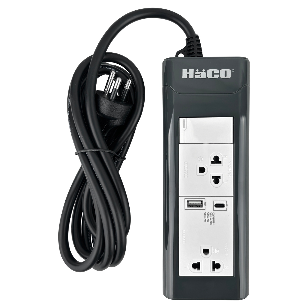 HACO รางปลั๊กไฟ เต้ารับ 3 ขา 2 ช่อง เมนสวิตช์ควบคุม และ USB A+C สาย 2,3 เมตร 16A รุ่น EPN-SEPN ...