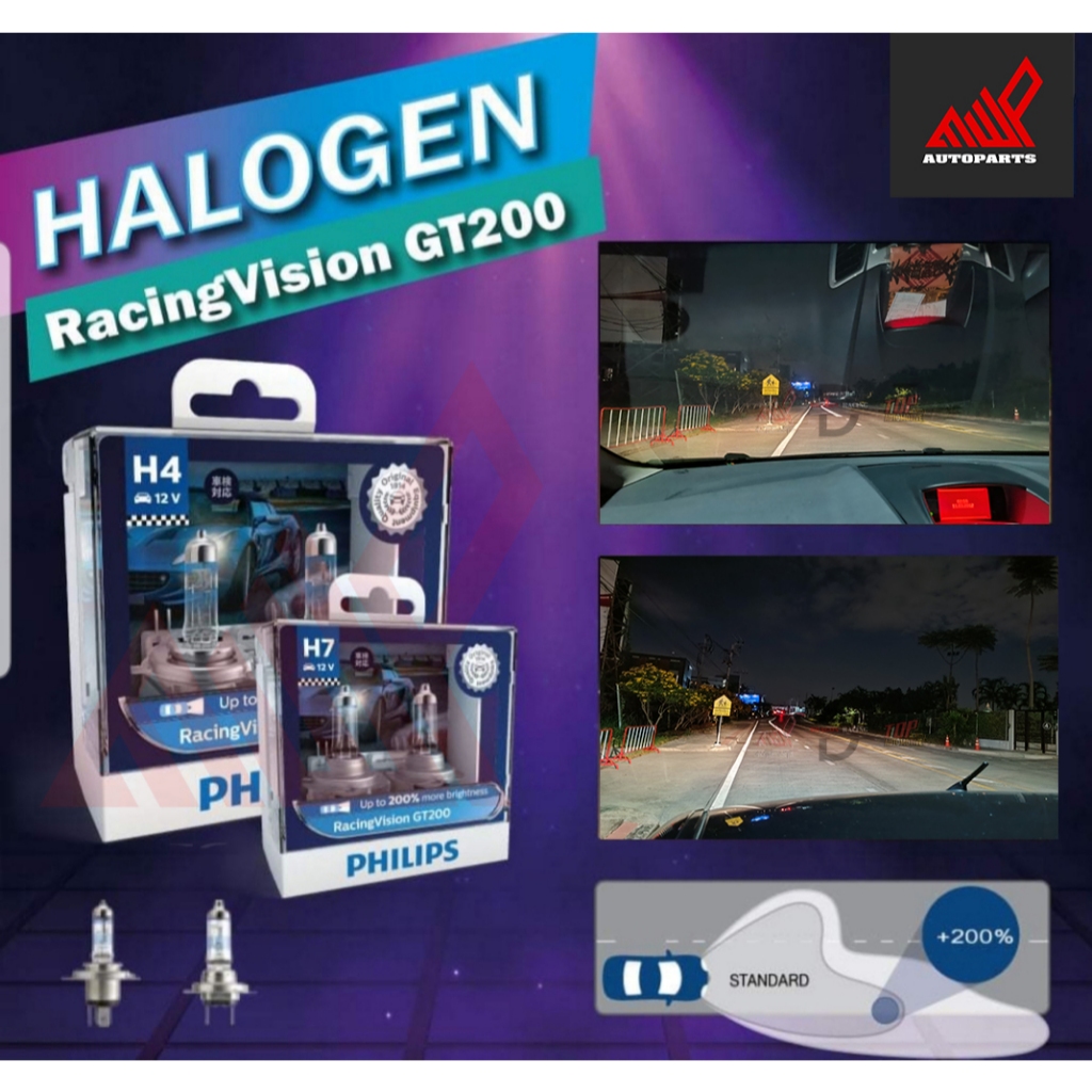 PHILIPS Racing Vision GT200 +200% ขั้ว H4 และ H7 (1กล่อง มี 2หลอด) ของ ...