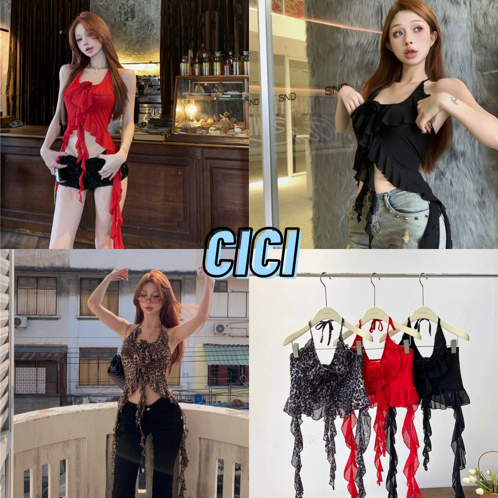 Cici(NO.J1560) เสื้อสายเดี่ยวคล้องคอ สม็อคหลังผ้าชีฟอง แต่งดอกไม้สไตล์ฝรั่งเศส | Shopee Thailand