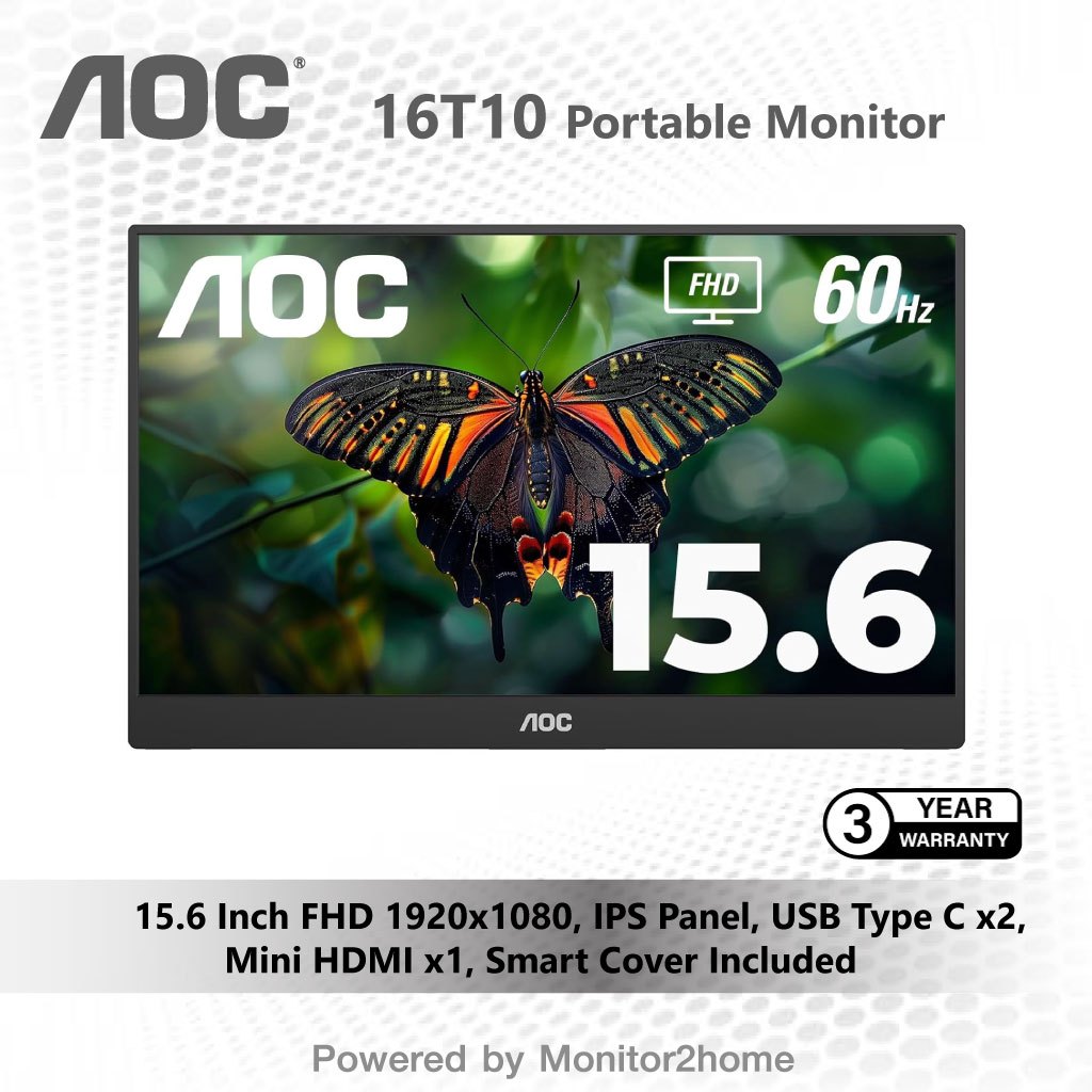 AOC 16T10 Portable Monitor 15.6 Inch FHD 1920x1080 IPS Panel, USB Type C x2,Mini HDMI x1, Smart ...