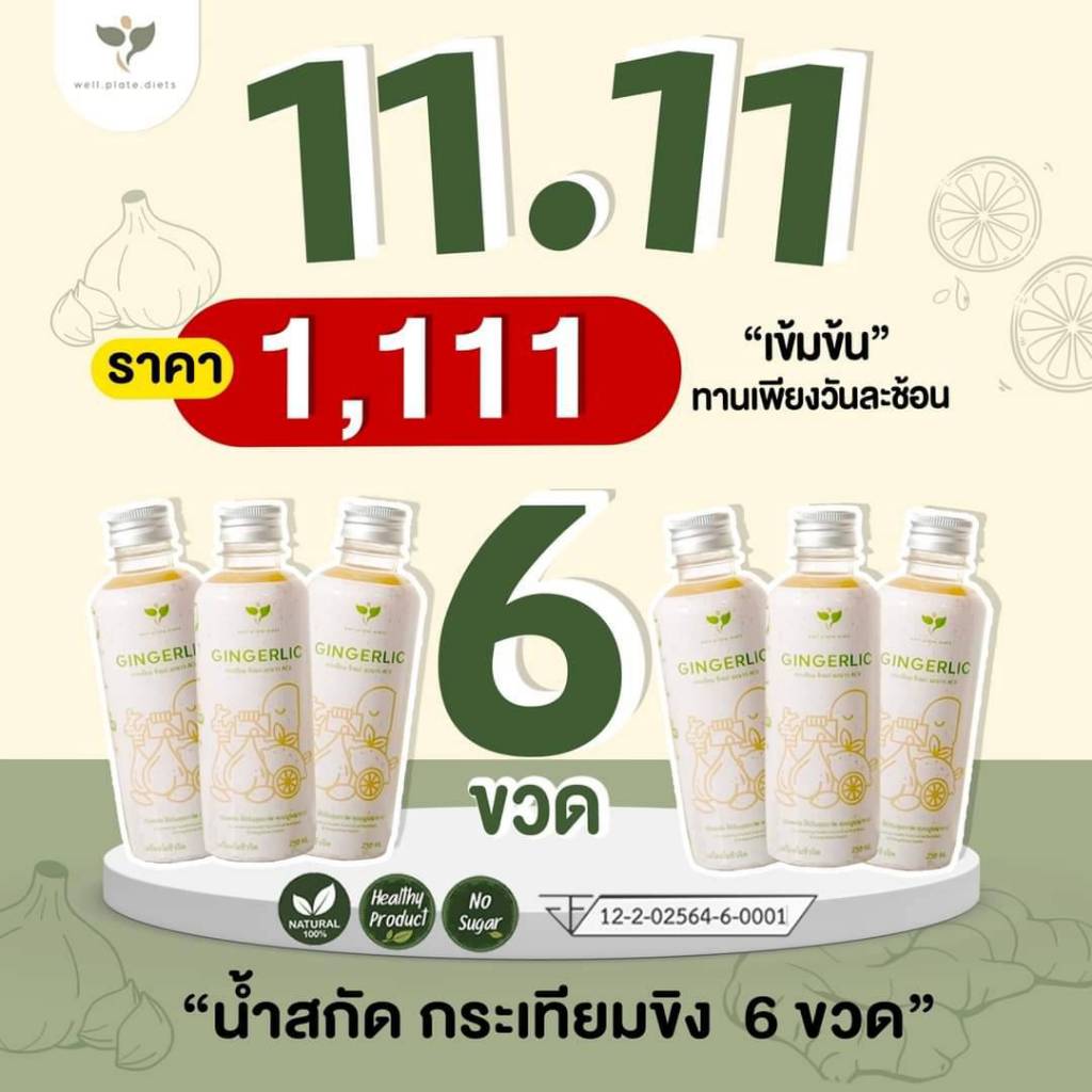 GINGERLIC ( 6 ขวด ) น้ำกระเทียมสกัดเข้มข้น น้ำสมุนไพรสกัดเย็น กระเทียม ขิง มะนาว น้ำแอปเปิ้ลไซ ...