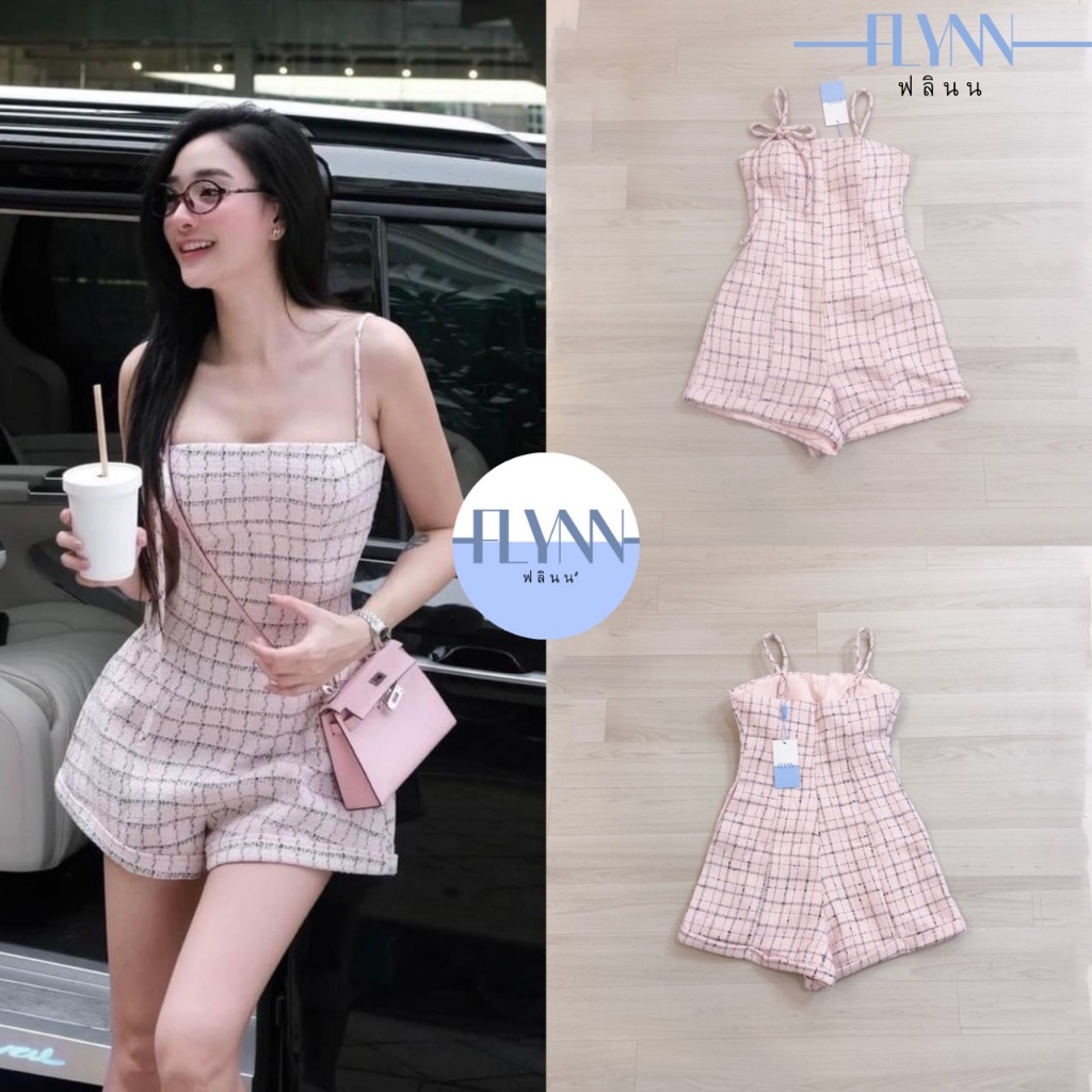 FLYNN BRAND F031 ชุดจั๊มสูทสายเดี่ยวขาสั้นผ้าทวิต สีชมพูอ่อน | Shopee ...