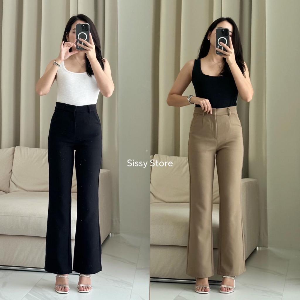 8281 SISSY : Ella Pant กางเกงขายาวเอวสูง ทรงขาม้าเล็ก ผ้ายืดนิ่ม พรางหุ่น ใส่สบาย | Shopee Thailand
