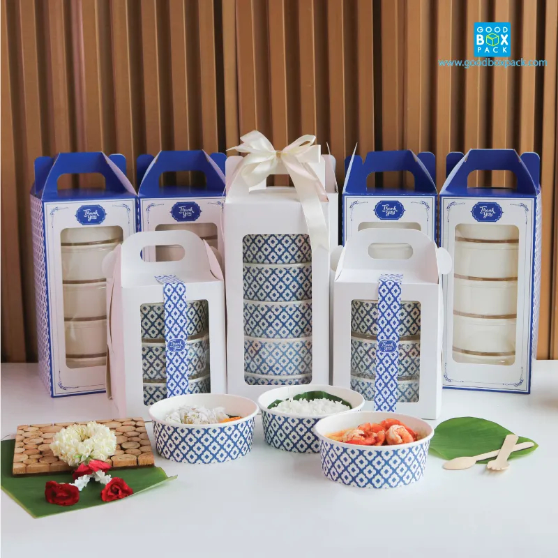 Goodboxpack (แพ็คละ 10 ใบ) กล่องหูหิ้ว กล่องจัดปิ่นโต สามารถจัดเซ็ตใส่ถ้วยกระดาษ 750-850 มล. ...