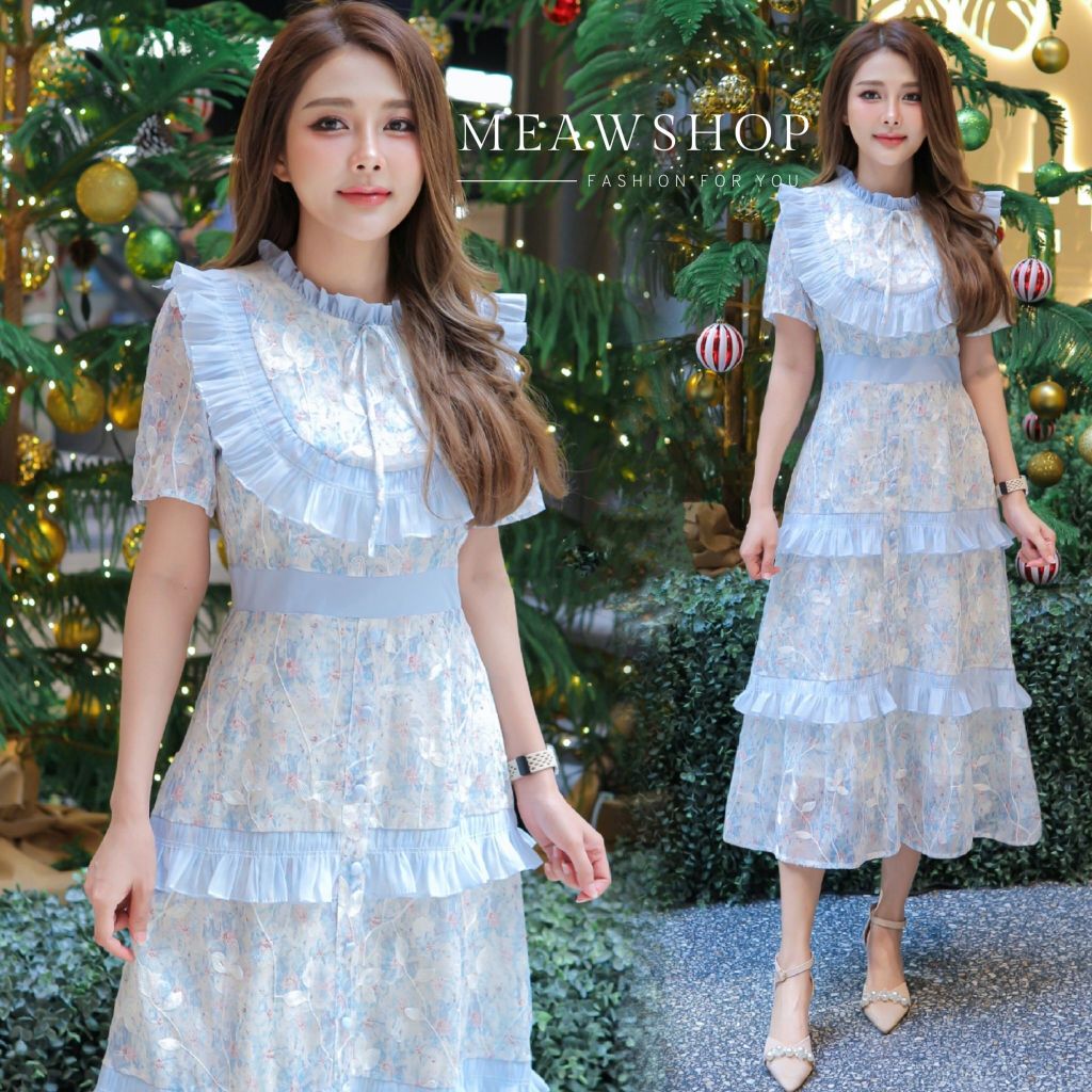 Maxi dress สีฟ้าอ่อน S-2XL เดรสลายดอก ชุดใส่ไปเดท เดรสยาว เดรสชีฟอง ชุดไปงาน ชุดออกงาน ชุดเพื่อน ...