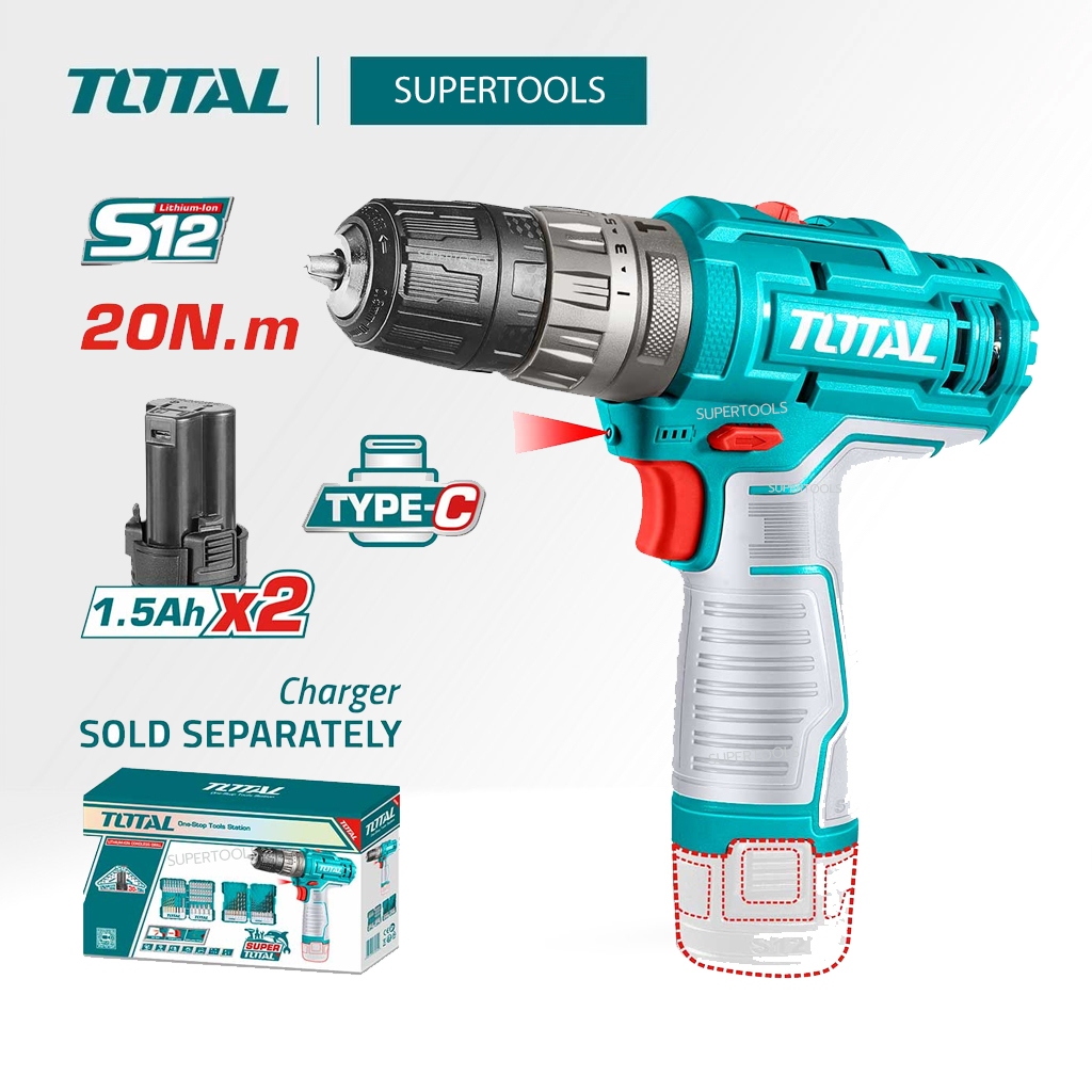 TOTAL ชุดสว่านกระแทกแบตเตอรี่ 20V. รุ่น TOSLI240467 เครื่องมือ สว่านไร้สาย อุปกรณ์ช่าง ...