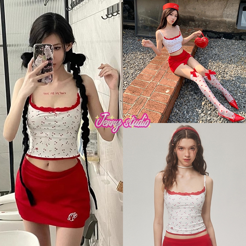 Jenny พร้อมส่ง🍒ชุดเซ็ทสไตล์สาวเกาหลี ชุดเซท2ชิ้น เสื้อสายเดียวลูกไม้ ...