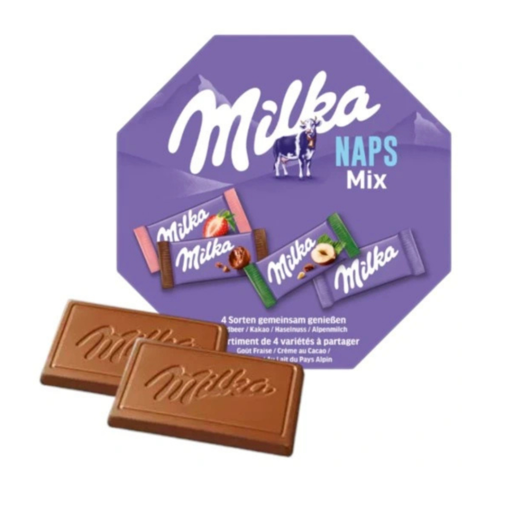 Milka chocolate naps mix น้ำหนัก 138 กรัม 27 ชิ้น 4 รสชาติ BBF.04/04/25 ...