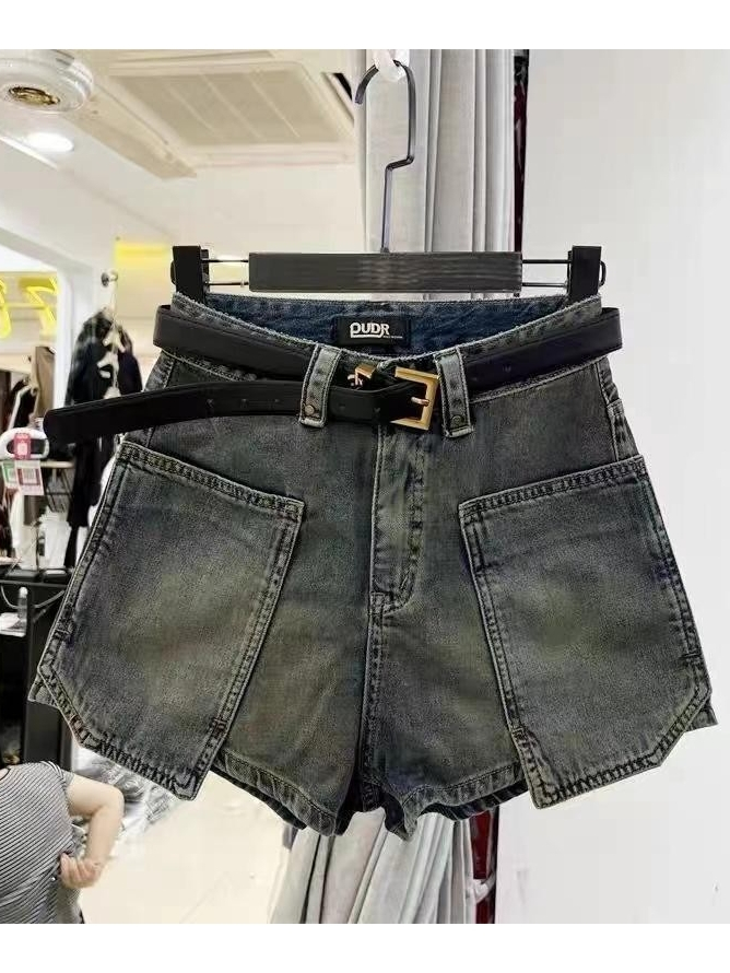 Ming-Geกระโปรงยีนส์ เอวสูง ผ่าข้าง แต่งเย็บติดกางเกงซับด้านใน ทรงสวย ...