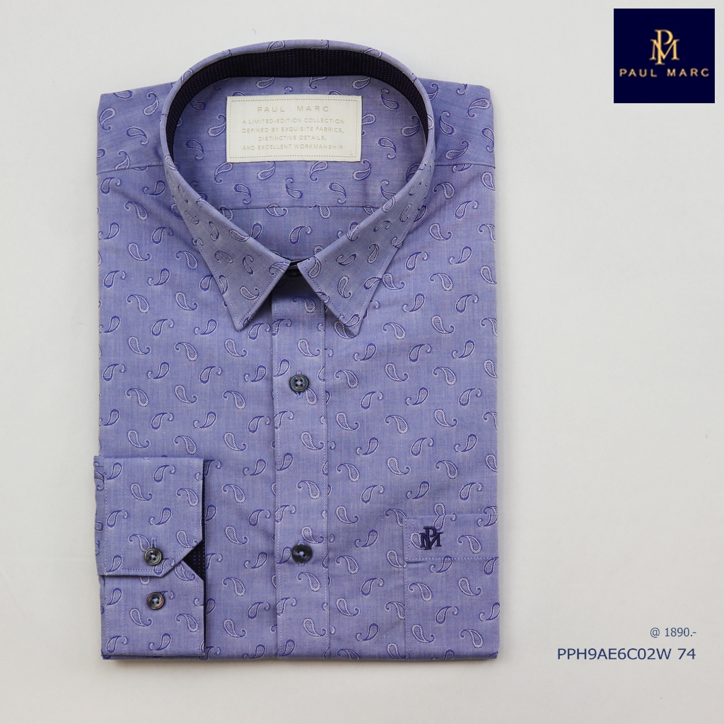 PAUL MARC เสื้อเชิ้ตสีฟ้าแขนยาว slim fit ทอลายหยดน้ำ paisley cotton 100 ...