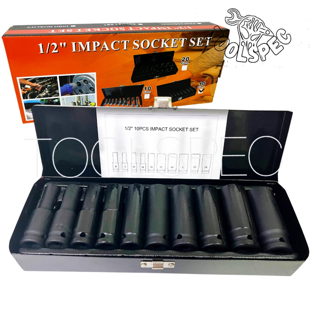 ชุดลูกบล็อกดำยาว ชุดลูกบล็อกลม ตัวยาว 10 ตัว เบอร์ 8-24 mm. ขนาด 1/2"(4หุน）CR-MO 100% มาพร้อม ...