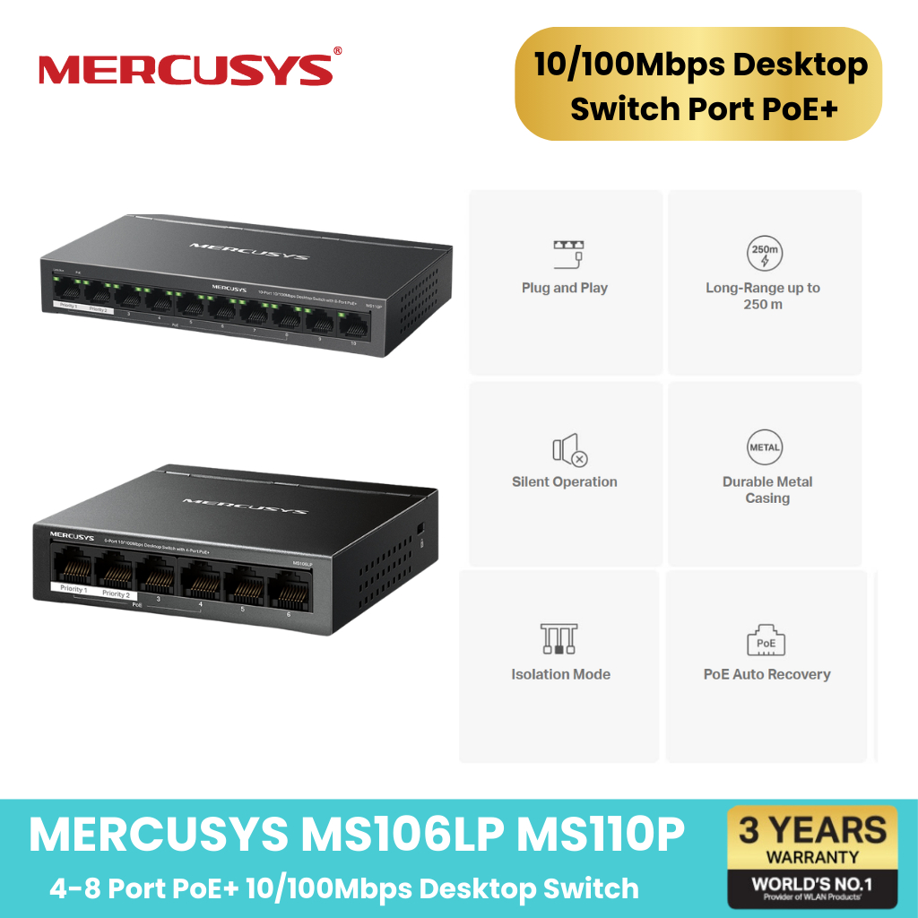 MERCUSYS สวิตช์ POE+ MS106LP PoE+ 4 ช่อง/MS110P PoE+ 8 ช่อง 10/100Mbps Desktop Switch Port PoE+ ...
