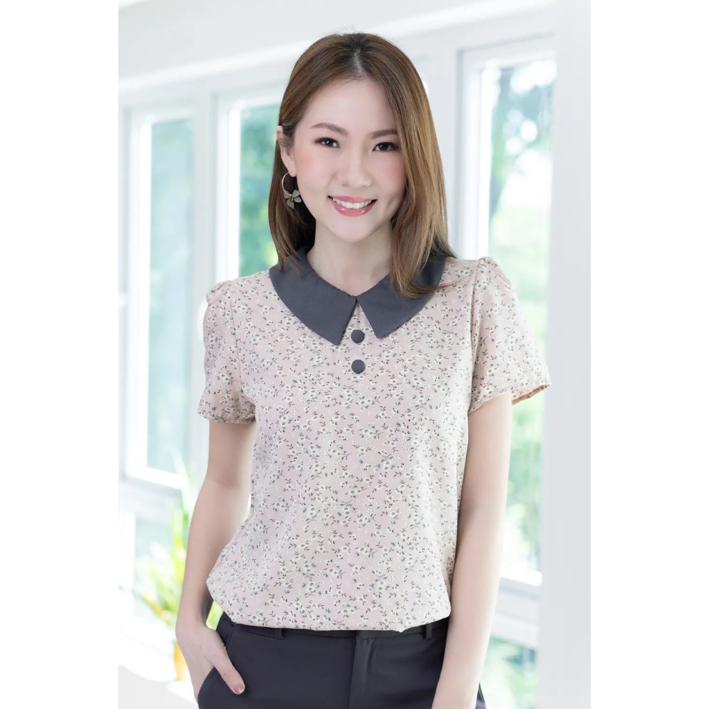 Narinari : MT1301 Double Button Point Collar Blouse เสื้อปกบัว แต่งกระดุมคู่หน้า | Shopee Thailand
