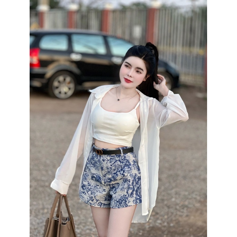 Phapassz - งานเซท4 ชิ้น เสื้อสายเดี่ยวเสริมฟองน้ำ เสื้อเชิ้ตคลุมมีกระดุมกางเกงผ้าทอลายเสือ +เข็ม ...