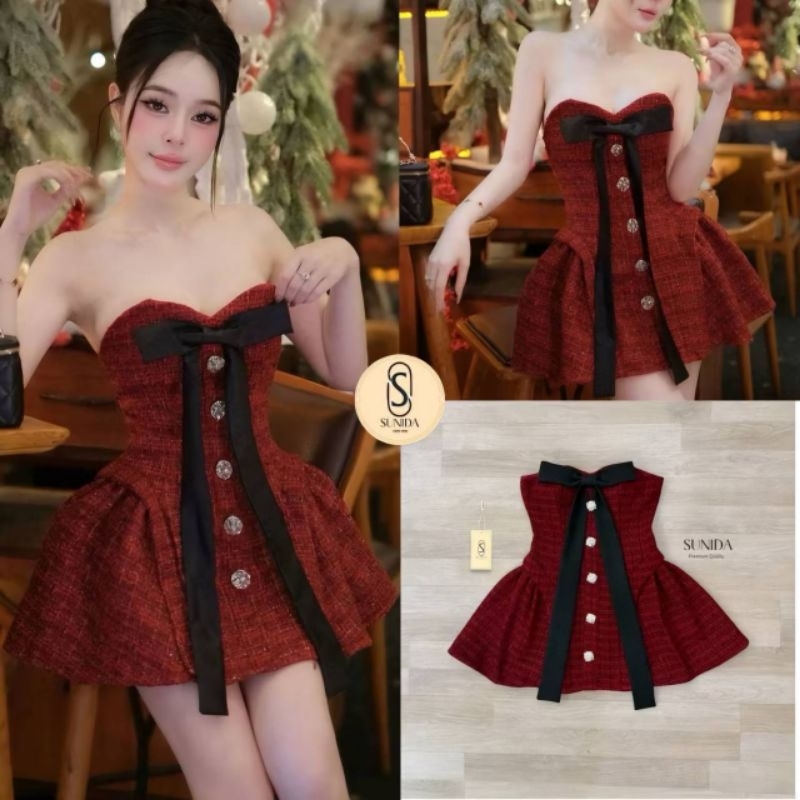M L มือ1 SUNIDA มินิเดรสเกาะอกผ้าทวิต แต่งโบว์อก และกระดุมเพรชด้านหน้า ใส่สวยสุดๆ ป้าย SUNIDA ...