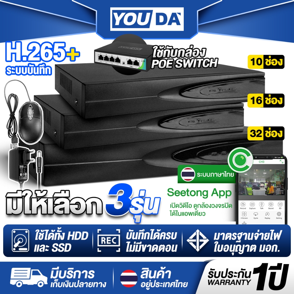 YOUDA กล่อง NVR รับประกัน1ปี รองรับกล้องทุกรุ่น ใช้Adapter มาตรฐาน 12V 3A มีมอก. เครื่องบันทึก ...