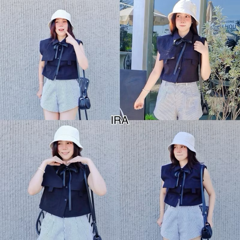 BY IRA Lily top (1124) เสื้อเชิ้ตครอปแขนกุดสีพื้น ดีเทลโบว์สุดน่ารัก ...