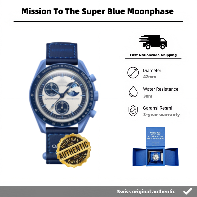 [100%Original] แท้ MISSION TO THE SUPER BLUE MOONPHASE Watch Planet Series Moonswatch Couple ...