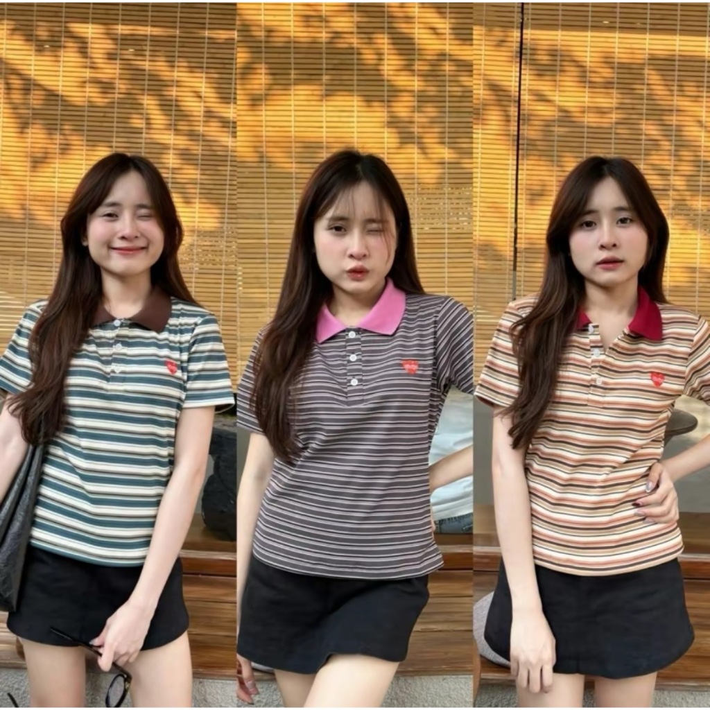 CHALYN รุ่น Airi (เอริ) LM29 เสื้อโปโลแขนสั้นลายทาง เล่นสีปก ปักหัวใจ ...