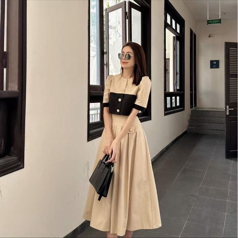 [NITTAYA] D2650 ชุดเซตเสื้อคอกลมแขนสั้นกระดุมหน้าสีทูโทนกระโปรงยาวแต่ง ...