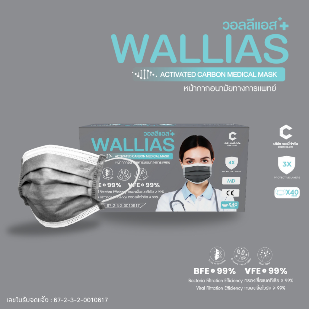 Wallias Activated Carbon Medical Mask หน้ากากอนามัยทางการแพทย์ แบบกล่อง จำนวน 40 ชิ้น | Shopee ...
