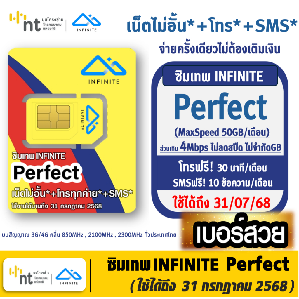 [ Set 1 ] ซิม Infinite Perfect เน็ตMaxSpeed 50GB/เดือน ส่วนเกิน4Mbpsไม่อั้น โทรฟรี* SMSฟรี* ใช้ ...