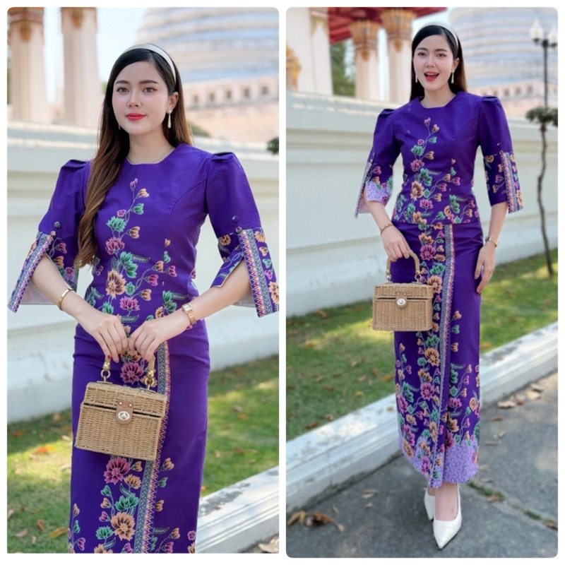 HM-set ชุดไทยสีม่วง set 2 ชิ้น 🧵ชุดเซ็ตผ้าปาเต๊ะอินโด เสื้อคอจีน แขน5 ...