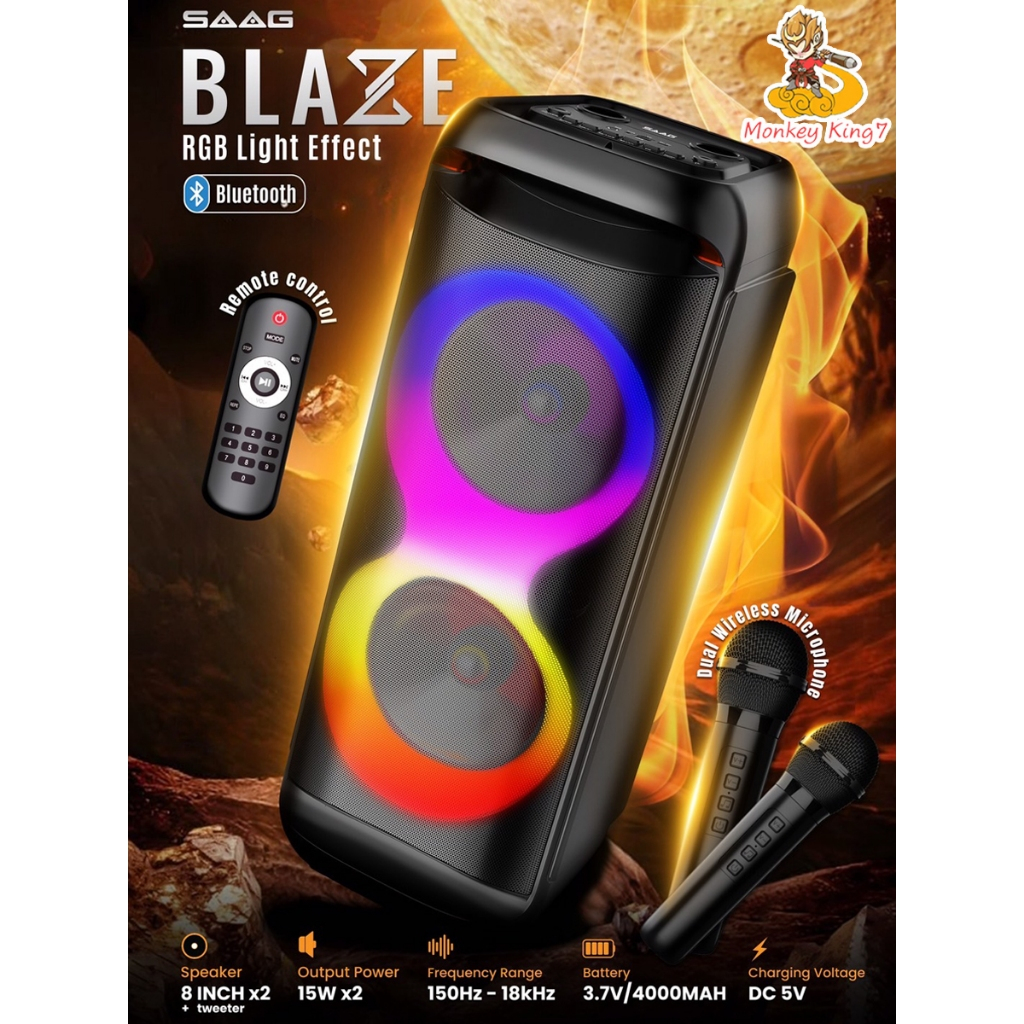 ลำโพงบลูทูธ SAAG รุ่น BLAZE Speaker ลำโพงปาร์ตี้ไร้สาย พร้อมไมค์ลอยคู่ มีไฟ LED By Monkeyking7 ...