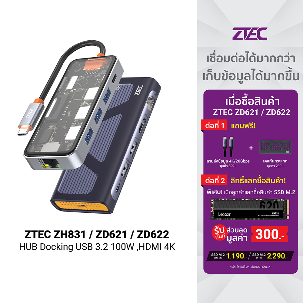 [ราคาพิเศษ] ZTEC ZH831 / ZD621/ ZD622 HUB USB-C 100W ,HDMI 4K,LAN 1Gbps,USB-A USB 3.2 Gen 1x1,SD ...