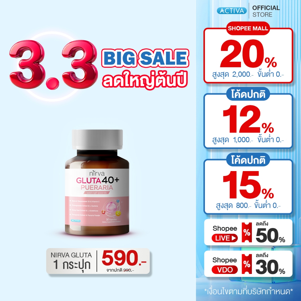 Nirva Gluta40+ เนอร์ว่ากลูต้า ร้านค้าหลักบริษัท อาหารเสริมบำรุงจากภายใน กระชับปรับสมดุลฮอร์โมน ...
