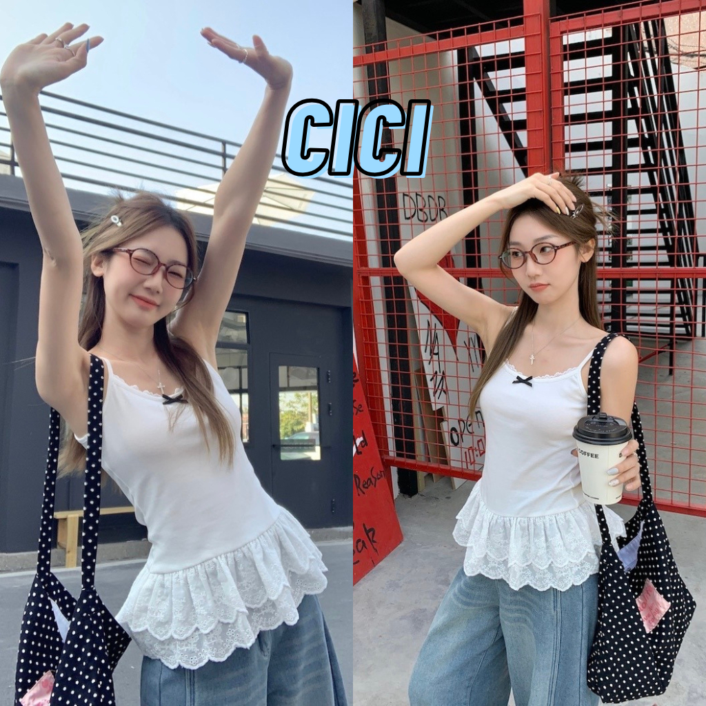 Cici(NO.Q889) เสื้อสายเดี่ยวผ้ายืด สีพื้น แต่งชายระบายลูกไม้ ปักโบว์มินิมอล สำหรับซัมเมอร์นี้ ...