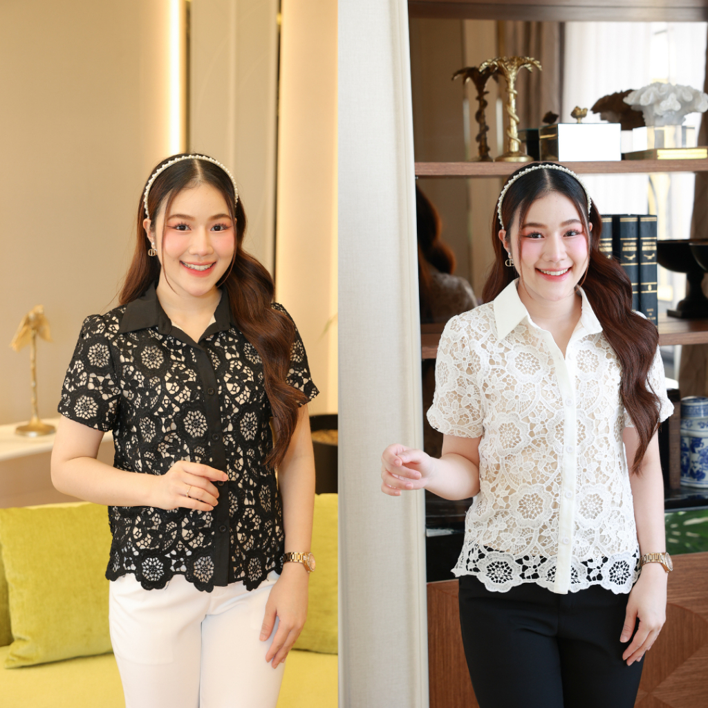 Glucoat | [T159/T156 ] เสื้อลูกไม้เนื้อนิ่มสีดำ/สีขาว คอปก มีซับใน กระดุมหน้า ผ้าเบา ใส่สบาย ...