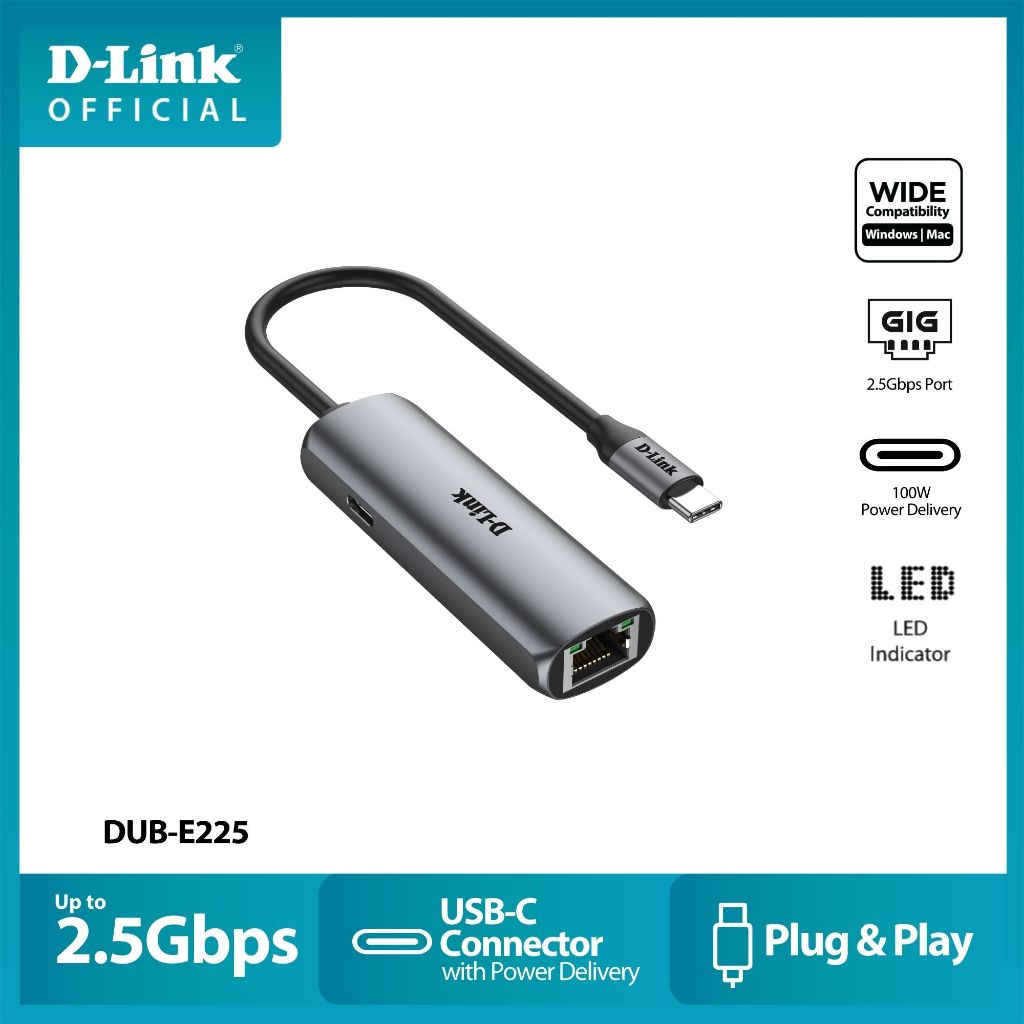 D LINK DUB-E255 USB-C TO GIGABIT ETHERNET ADAPTER/2.5 GBPS ETHERNET/USB-C / THUNDERBOLT 3/4 ...