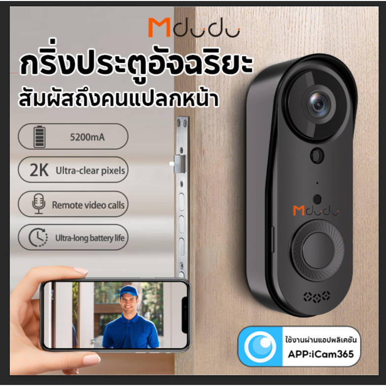 Mdudu กล้องกริ่งประตูกันน้ำ Wi-Fi 1080P type-c สื่อสารสองทาง เชื่อมผ่าน ...