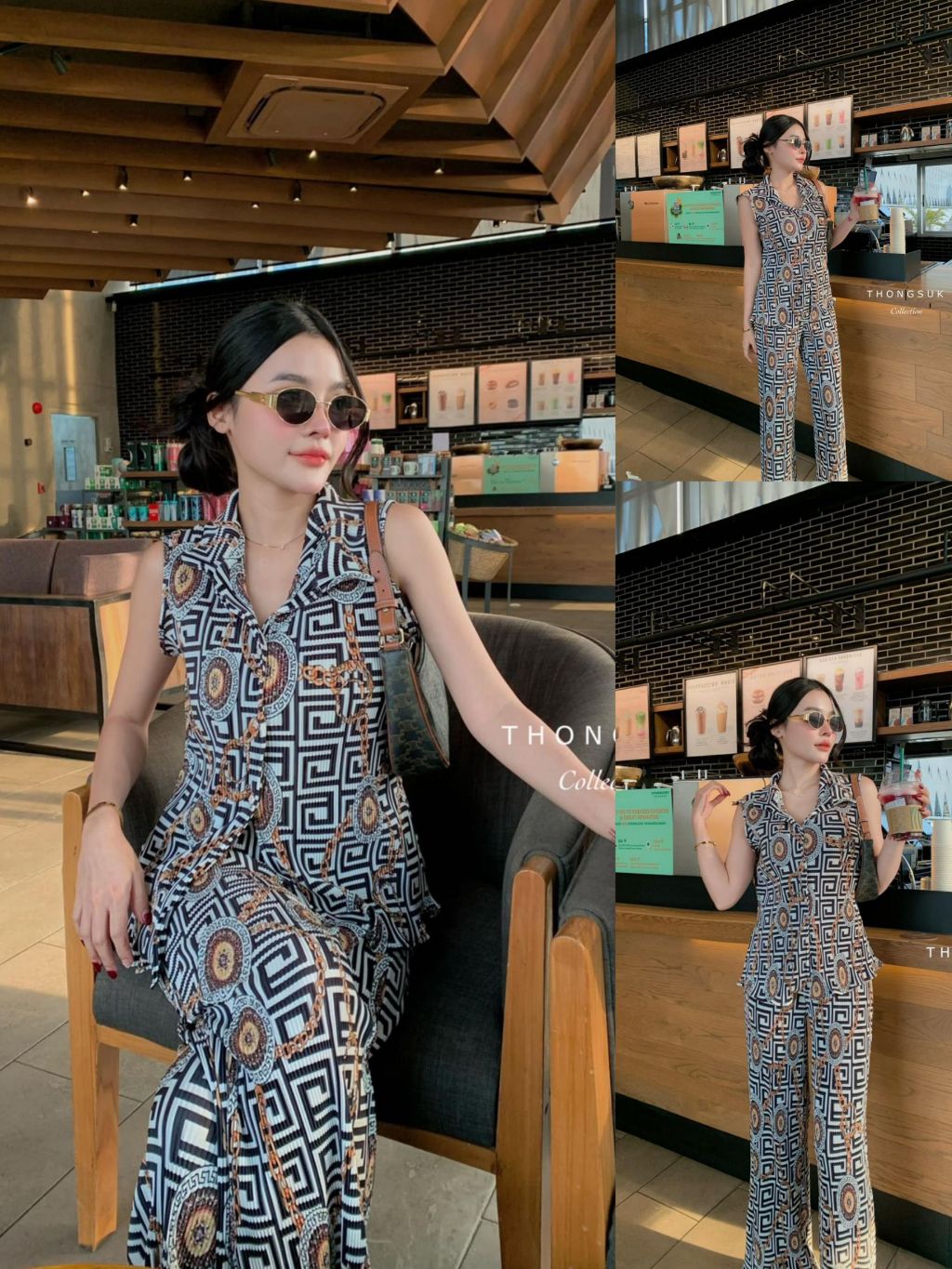 【THONGSUK】 TS 1410 ชุดเซทคอปกแขนกุดแมทช์กับกางเกงขายาว แต่งกระดุมมุข Basic Style แบบดูหรู ดูแพง ...