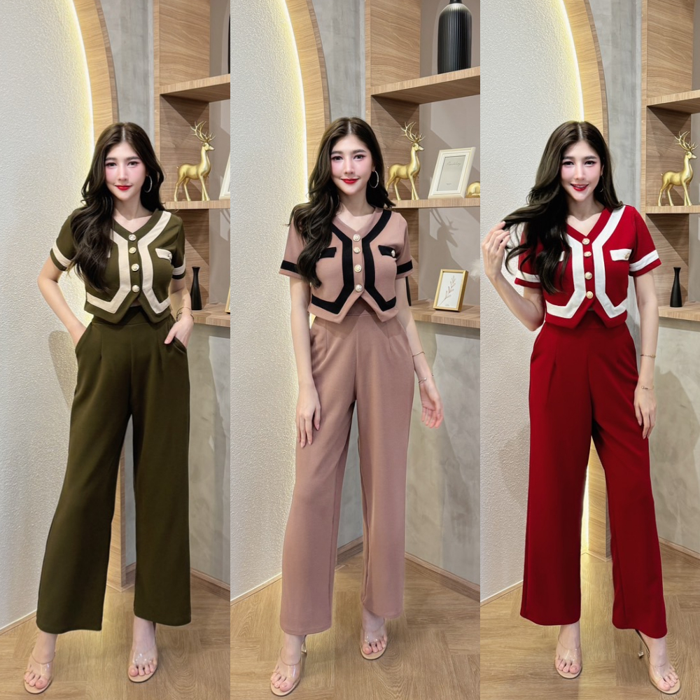 สินค้าพร้อมส่ง ชุดเซตยาวผ้าวูลเวฟทรูโทน เสื้อทรงสูทแต่งกระเป๋าหน้ากระดุมหน้า+กางเกงเอวเรียบสม็อค ...