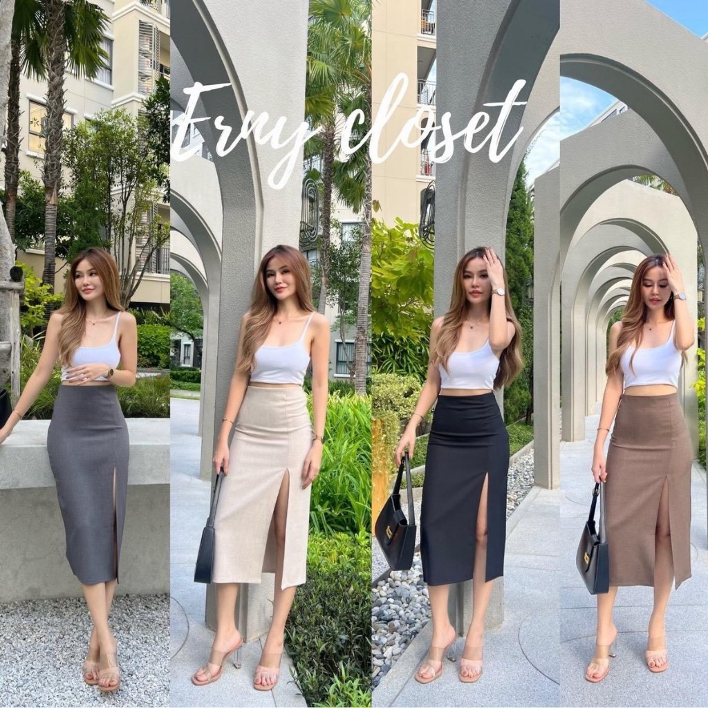 SNOW LONG SKIRT กระโปรงยาวผ่าหน้า E121 | Shopee Thailand