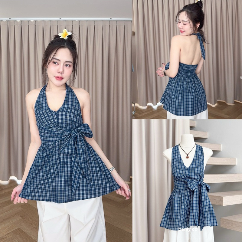 ♡BY0199 Summer Scotty Blue เสื้อคล้องคอแต่งโบง์ ผ้าคอตตอนลินินอย่างดี ...