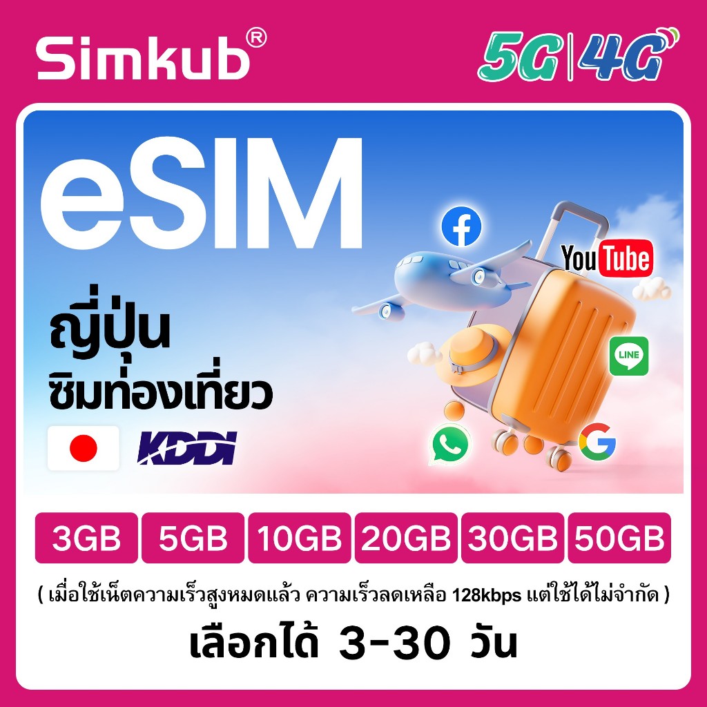 eSIM JAPAN เครือข่าย KDDI ซิมญี่ปุ่น ซิมการ์ดท่องเที่ยวญี่ปุ่น 5G/4G อินเทอร์เน็ต ทั้งหมด 3-50GB ...