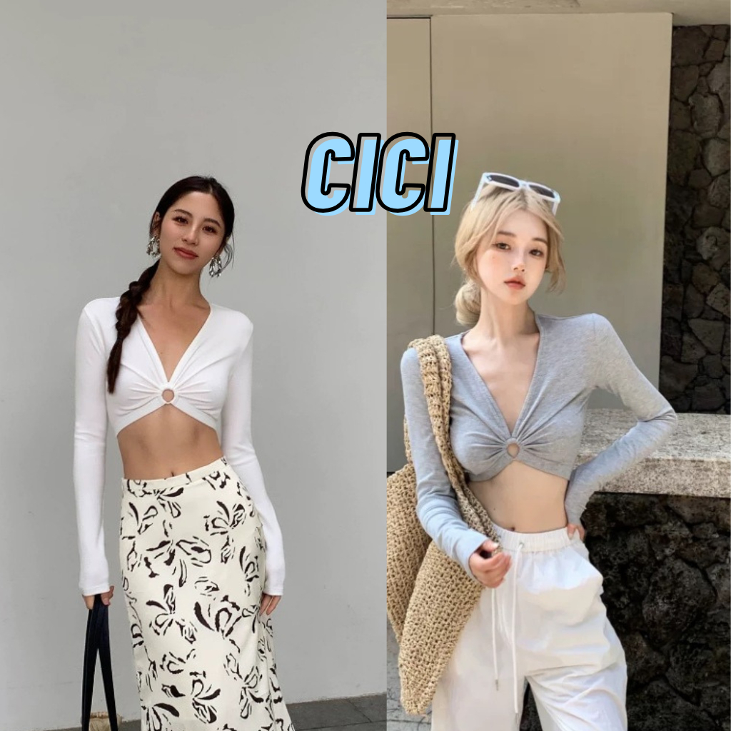 ส่งทันที Cici NO. (J1698) เสื้อครอปแขนยาว โชว์เอว มีห่วงด้านหน้า คอวี เข้ารูป สไตล์สาวเกาหลี ...