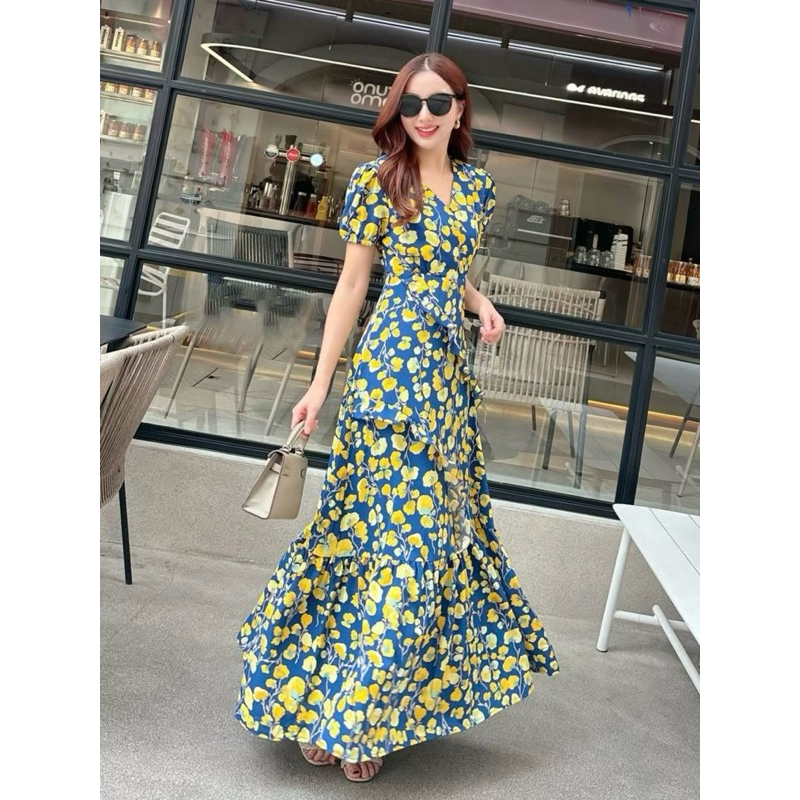 เดรส Cocoa Brown KU419 (ดอกเหลือง-พื้นน้ำเงิน) XL ของใหม่ป้ายห้อย | Shopee Thailand