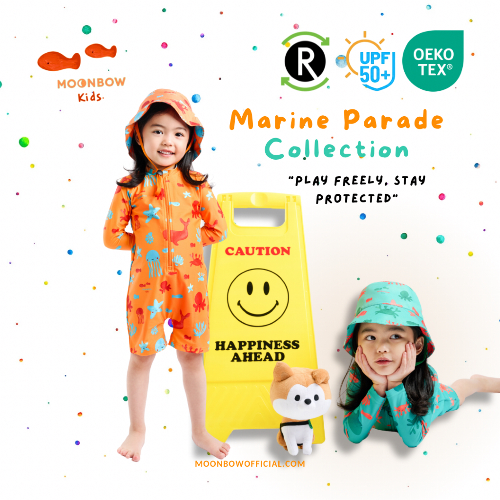 Moonbow Kids ชุดว่ายน้ำเด็ก พร้อมหมวกเข้าชุด กันแดด UPF50+ ผ้านุ่ม สี ...