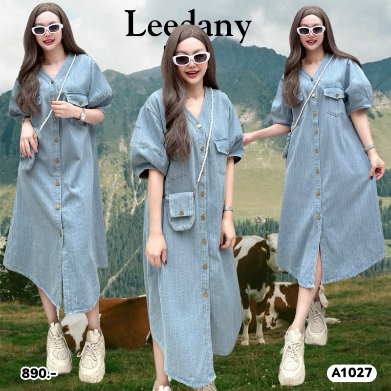 A1027 เดรสยีนส์ยาว กระดุมหน้า + กระเป๋ามุก | Shopee Thailand